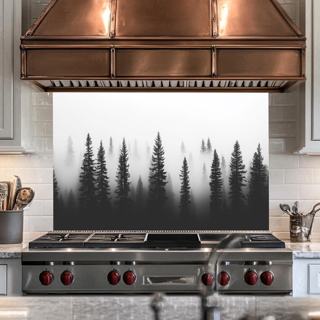 Foggy Forest Backsplash, Minimalist Stove Panel, Tempered Glass Splashback, Heat Resistant Easy ...
