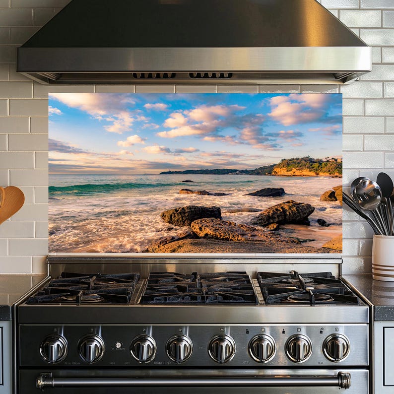 Coastal Beach Backsplash, Ocean View Stove Panel, Seaside Kitchen ...