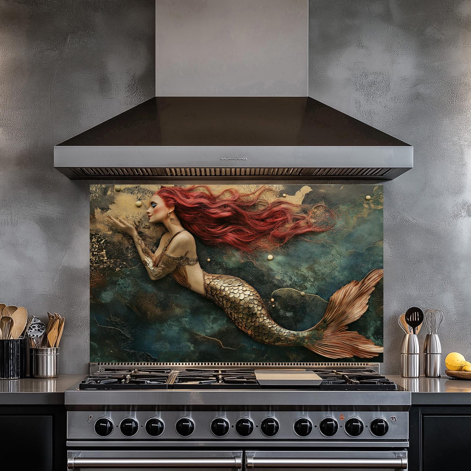 Copper Mermaid Tempered Glass Stove Backsplash Panel,stove Top Cover ...