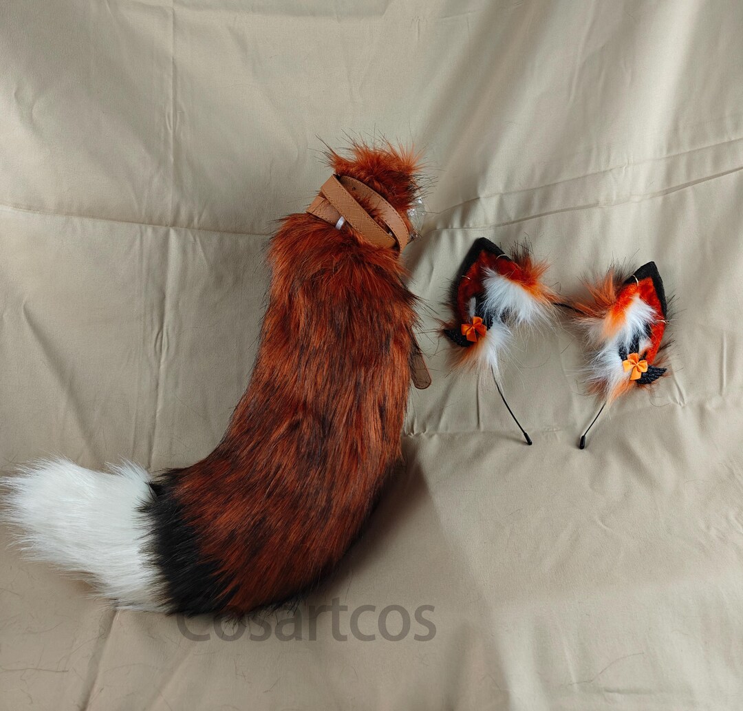 Orange White Wolf Ears Tail Fox Ear Wolf Tail Furry Fur Fursuit Cosplay ...