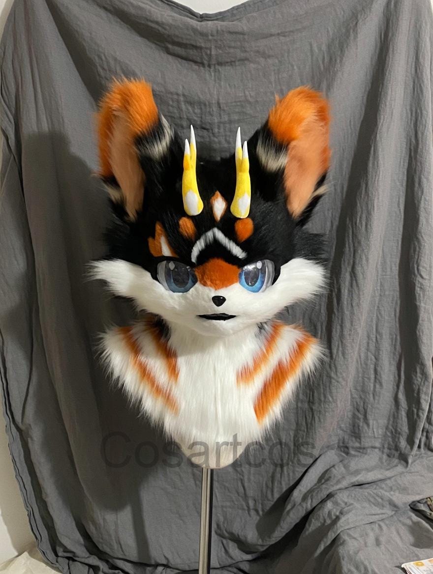 Custom Kemono Fursuit Head With Horns Handmade Faux Fur Wolf Fox Mask ...