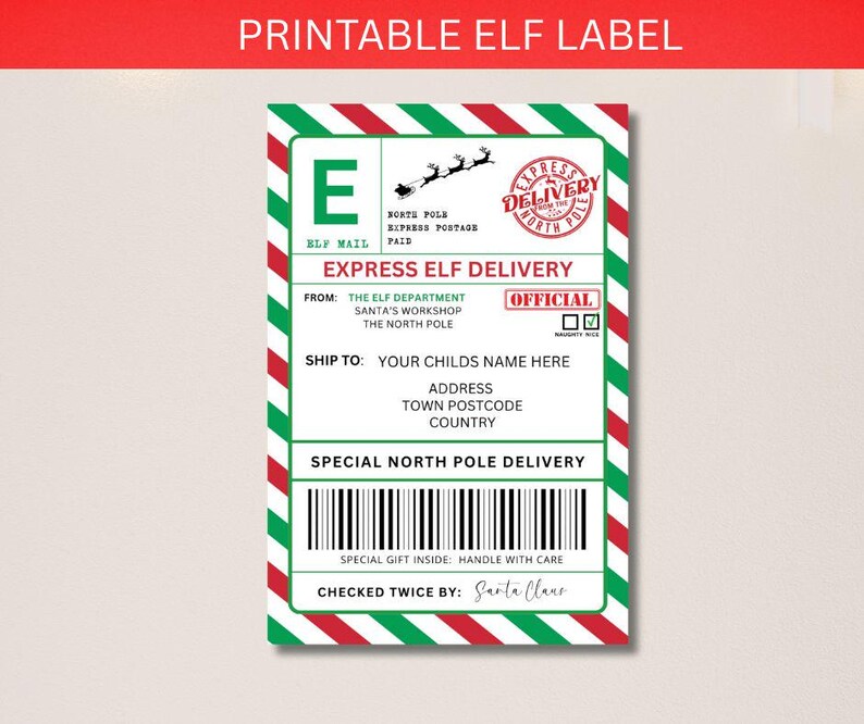EDITABLE Elf Shipping Label: Santa Mail, Official Santa Delivery, North ...