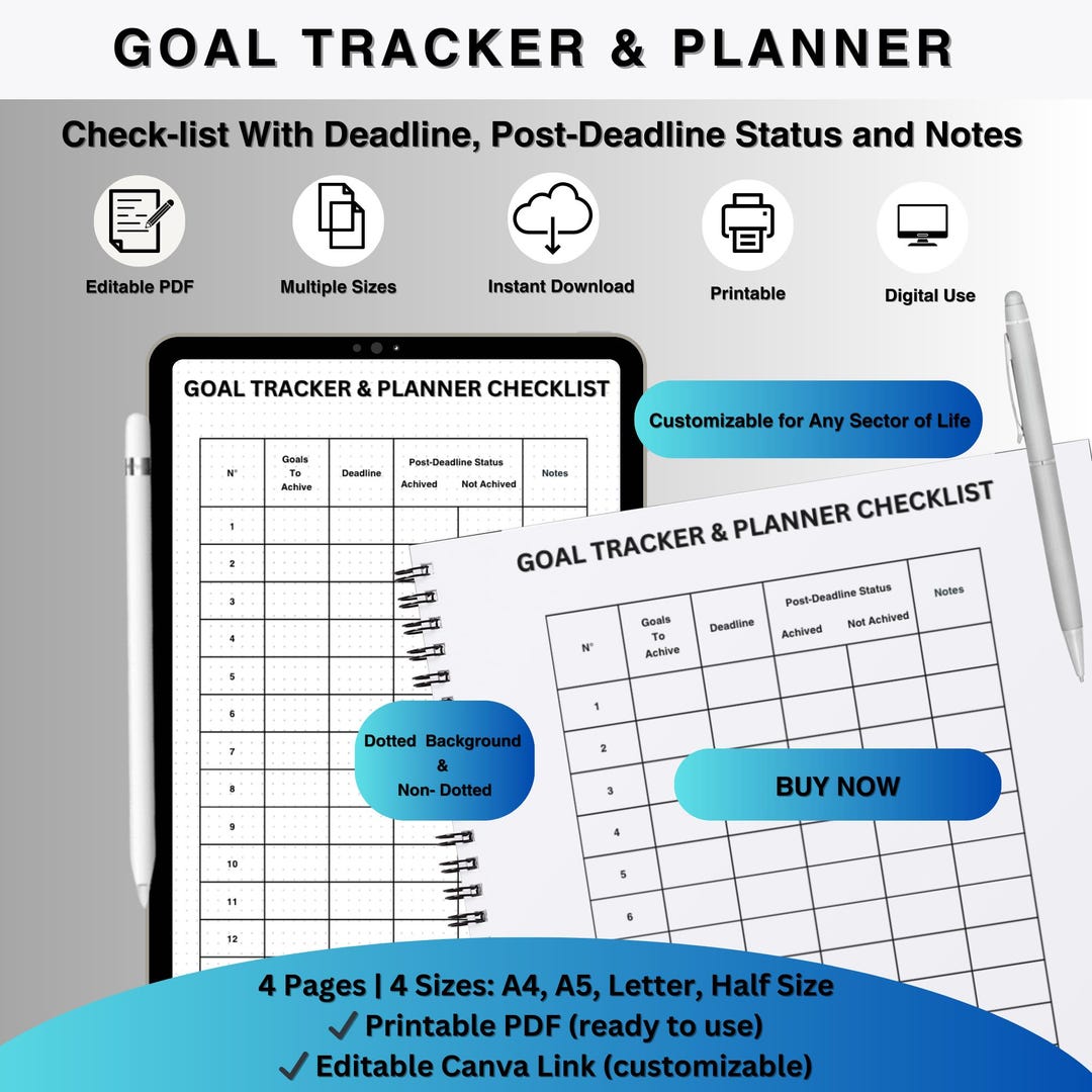 Goal Tracker & Planner Checklist – Goal Setting With Deadlines, Post ...