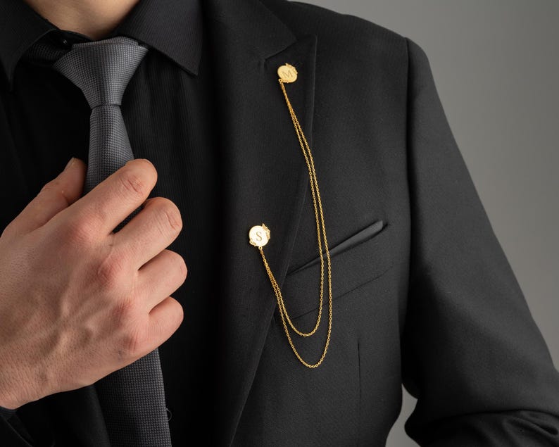 Engraved Initial Letter Chain Lapel Brooch, Custom Letter Lapel Pin ...