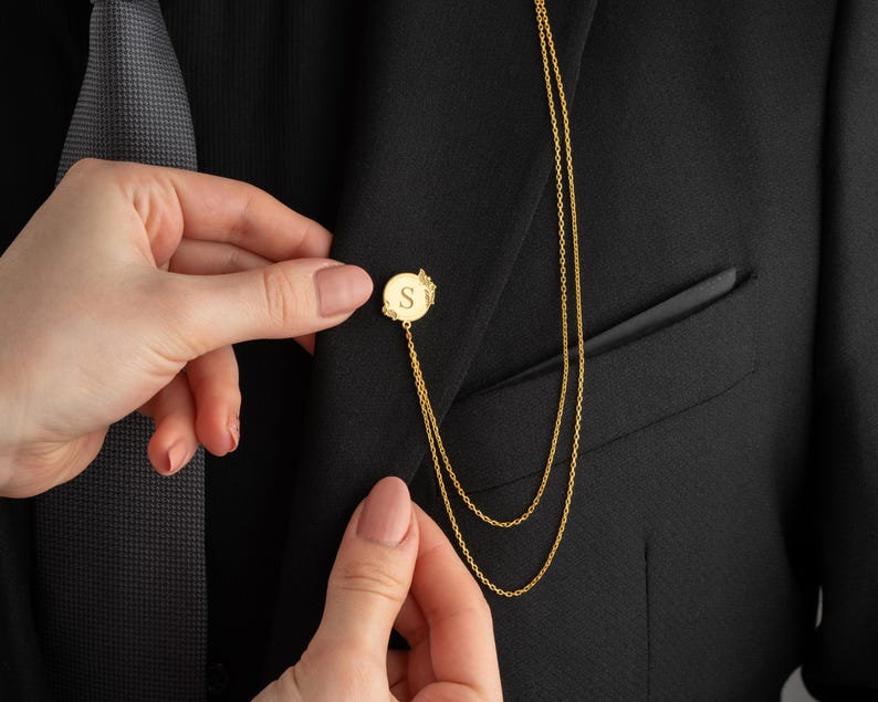 Engraved Initial Letter Chain Lapel Brooch, Custom Letter Lapel Pin ...