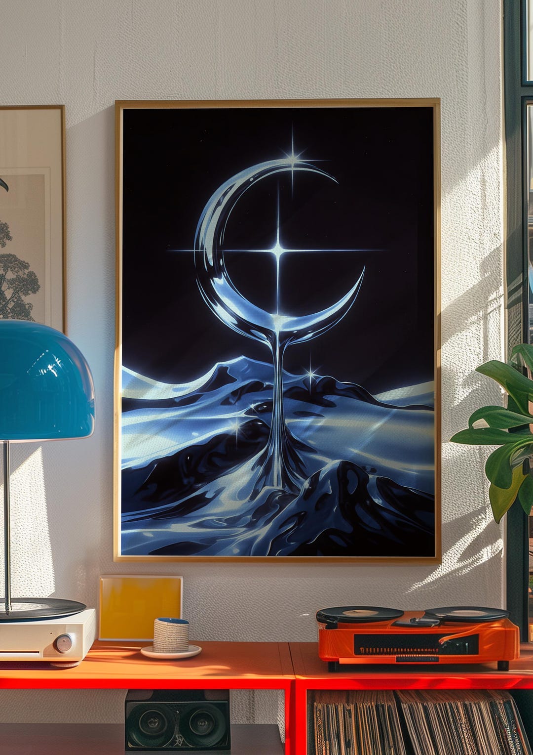 Cybercore Crescent Moon Poster, Retro Futuristic Wall Art, Metallic Y2K ...