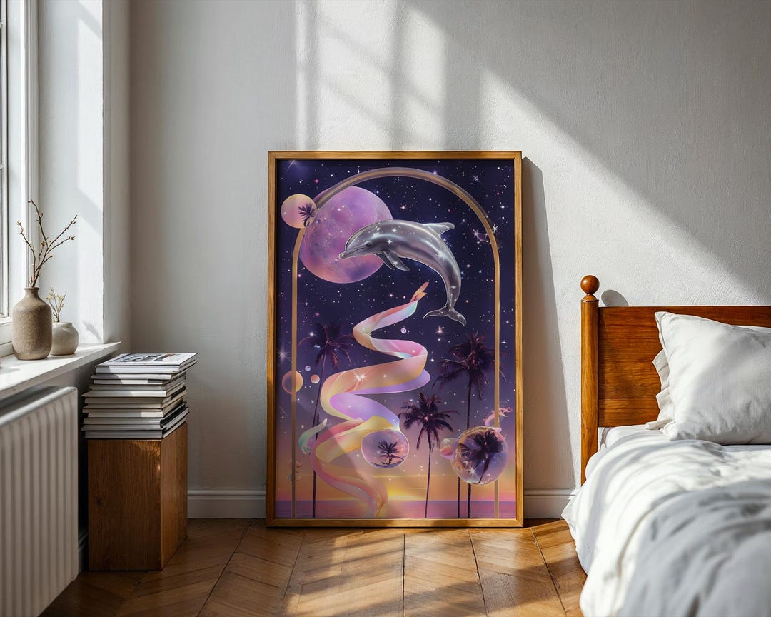 Neon Vaporwave Dolphin Wall Art, Synthwave Poster Print for Home Decor ...