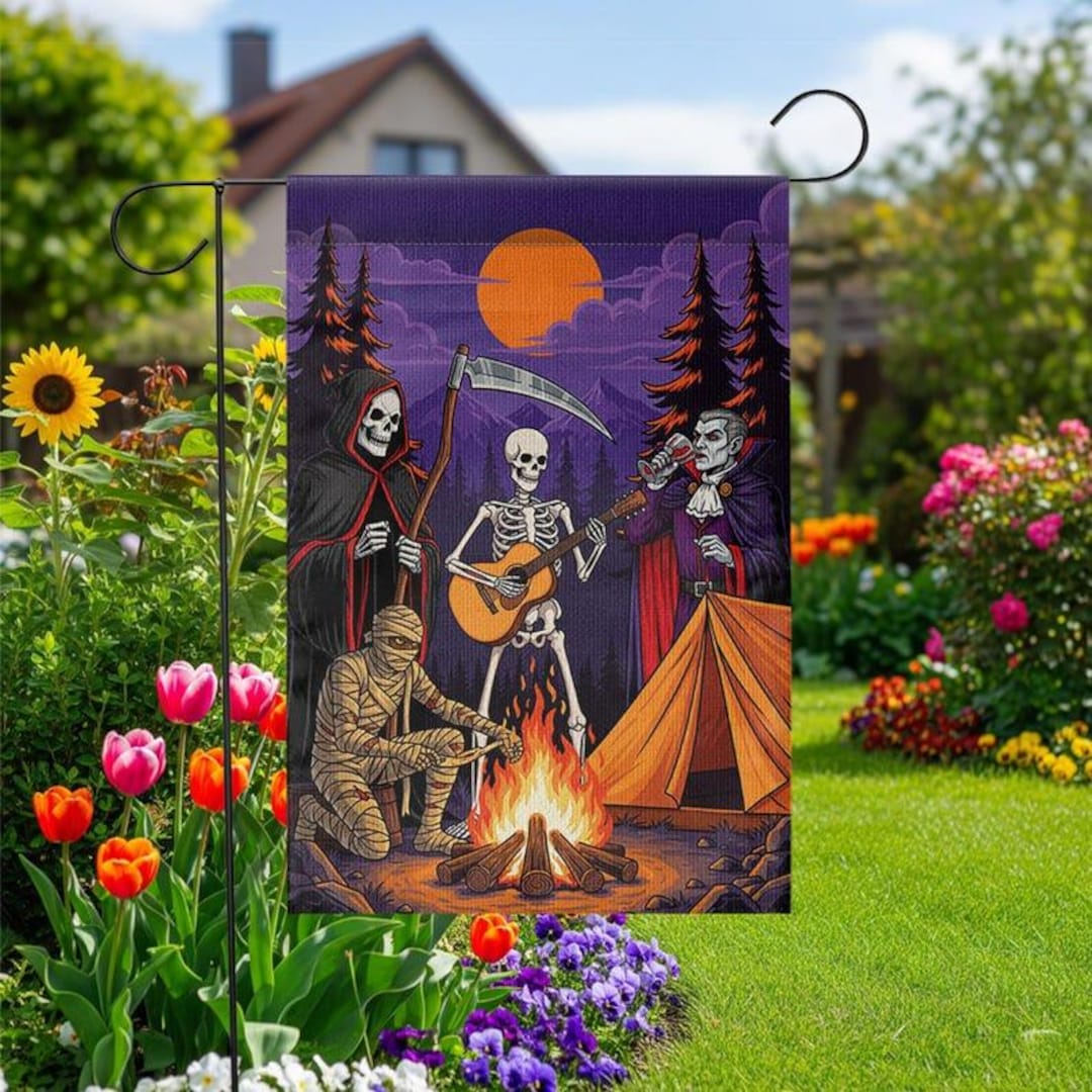 Campfire Grim Reaper Skeleton Vampire Garden Flag, Spooky Outdoor Yard ...