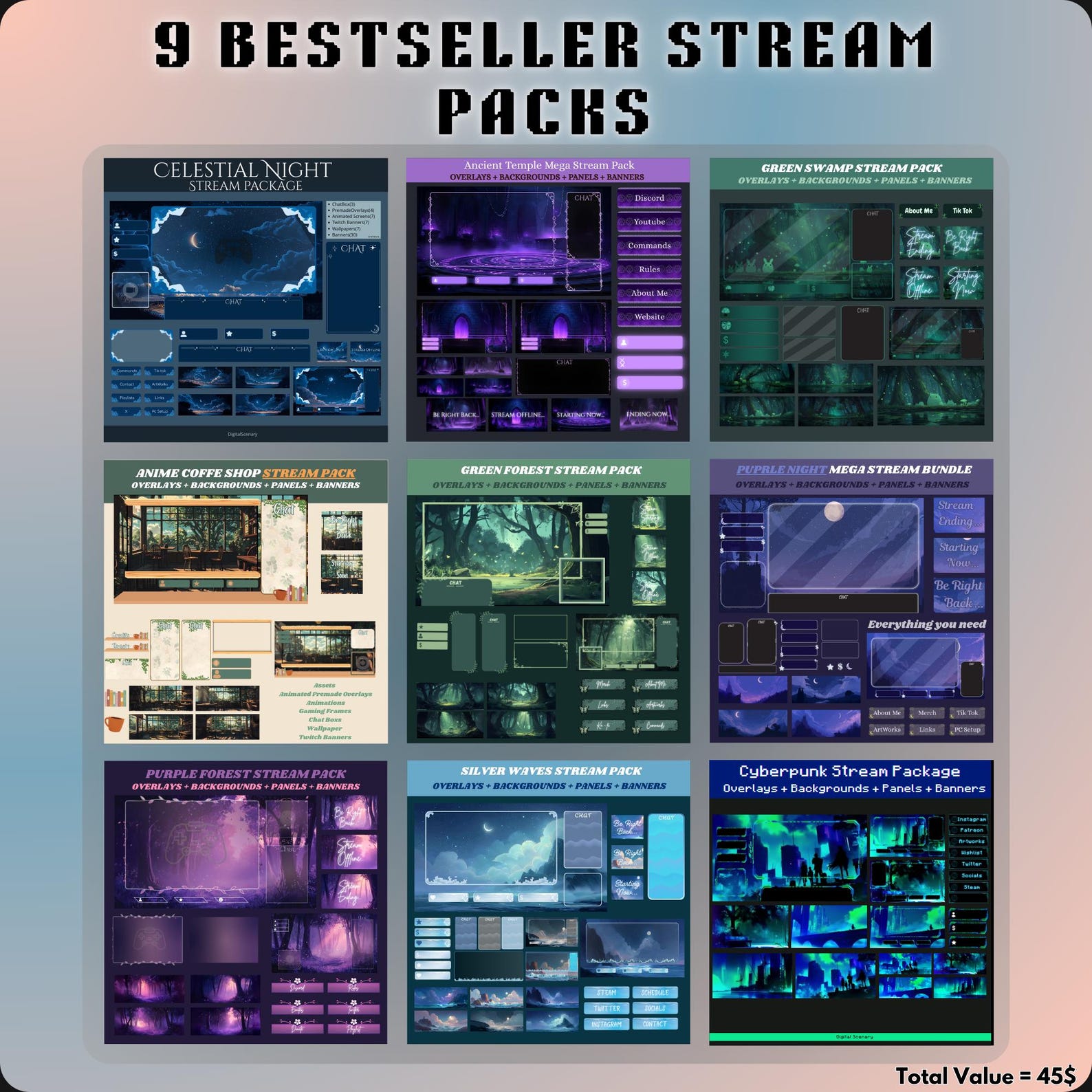 9 Bestseller Stream Overlay Packs Mega Bundle – Twitch Vtuber Animated ...