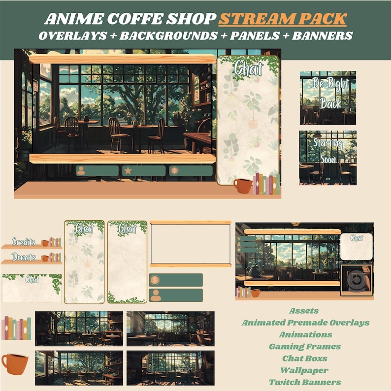Anime Coffe Shop Twitch Overlay Package, Animated Vtuber Background ...