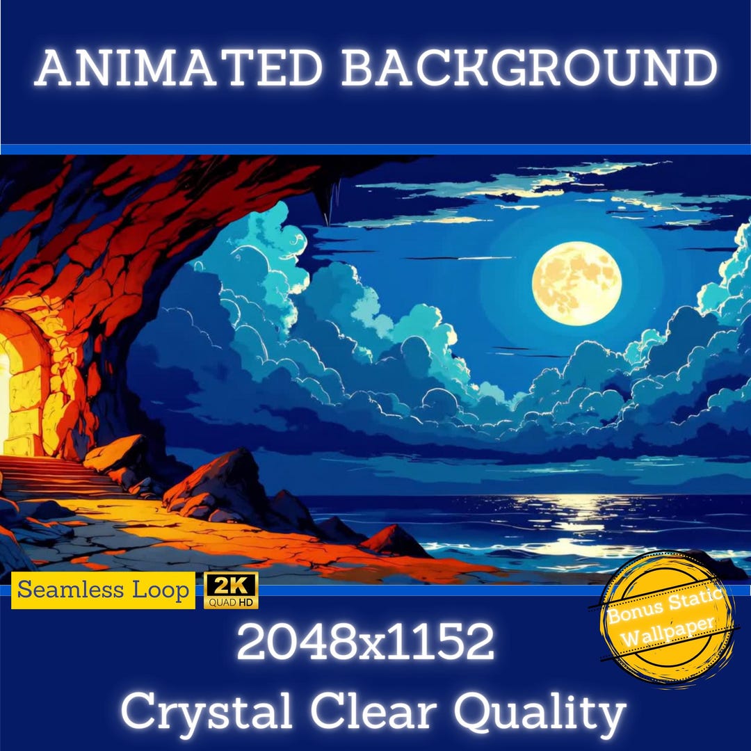 Night at Ocean Waves Cave Video, Glowing Shoreline Animated Wallpaper ...