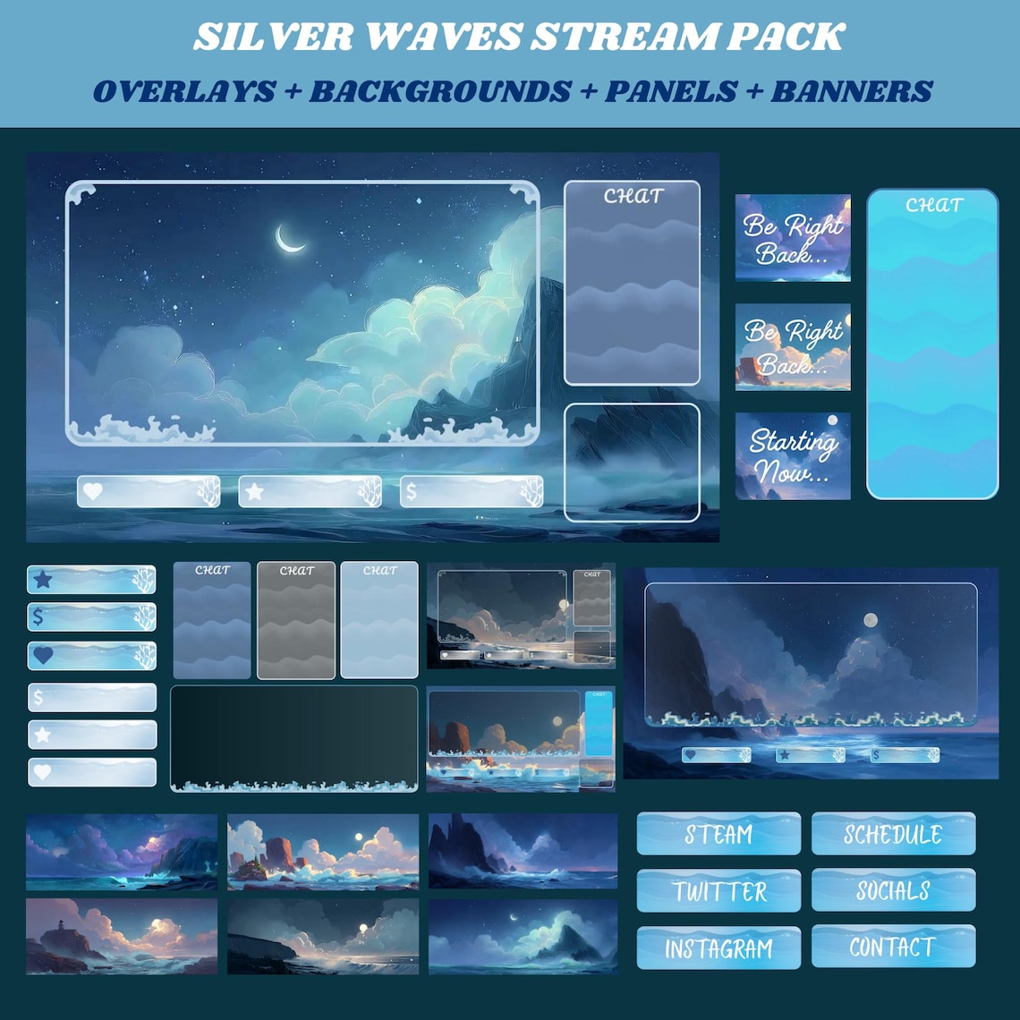 Silver Waves Stream Overlay Pack – Animated Ocean-themed Twitch Banners ...