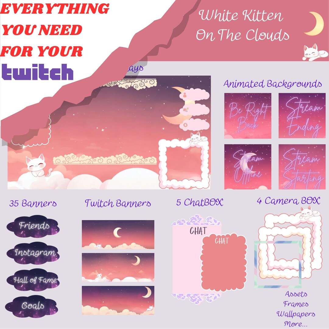 White Kitten Clouds Twitch Pack: Animated Stream Overlays (instant Download) - Etsy