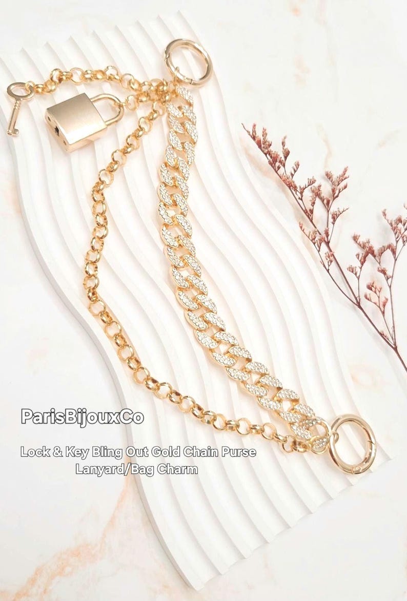 Lock and Key Bling Out Layered Gold Chain Purse Lanyard: 18K Gold ...