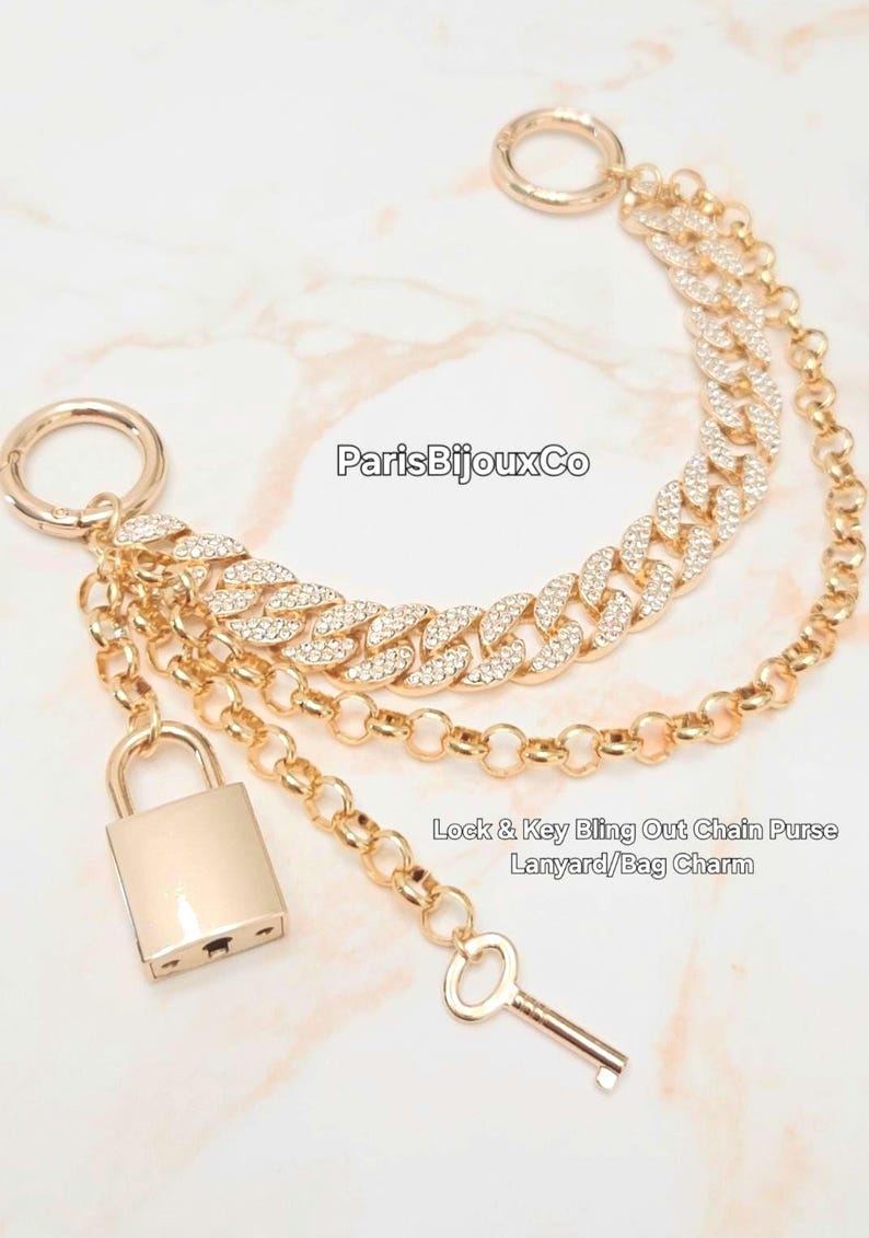 Lock and Key Bling Out Layered Gold Chain Purse Lanyard: 18K Gold ...