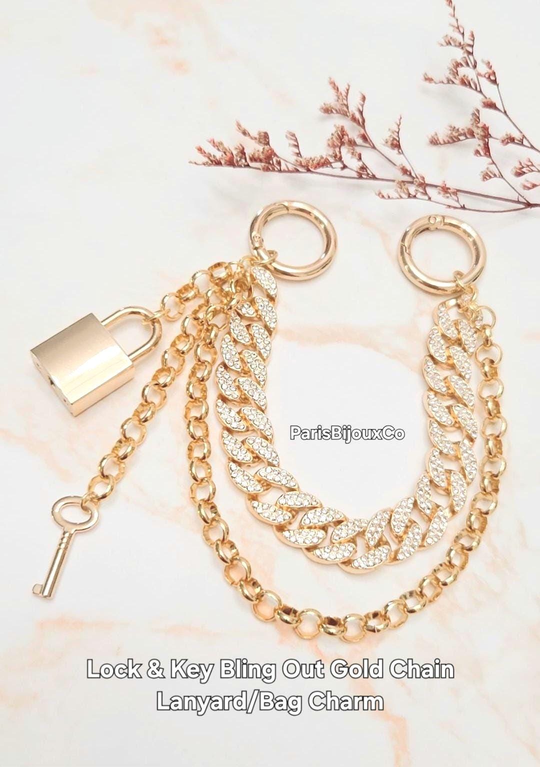 Lock and Key Bling Out Layered Gold Chain Purse Lanyard: 18K Gold ...