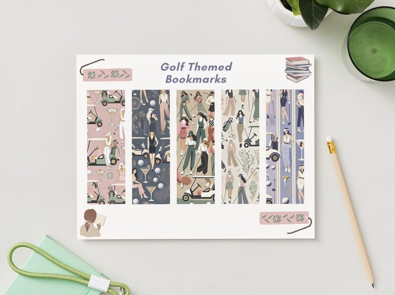Set of 5 Printable Bookmarks Golf Pastel Digital Download Book Lovers ...