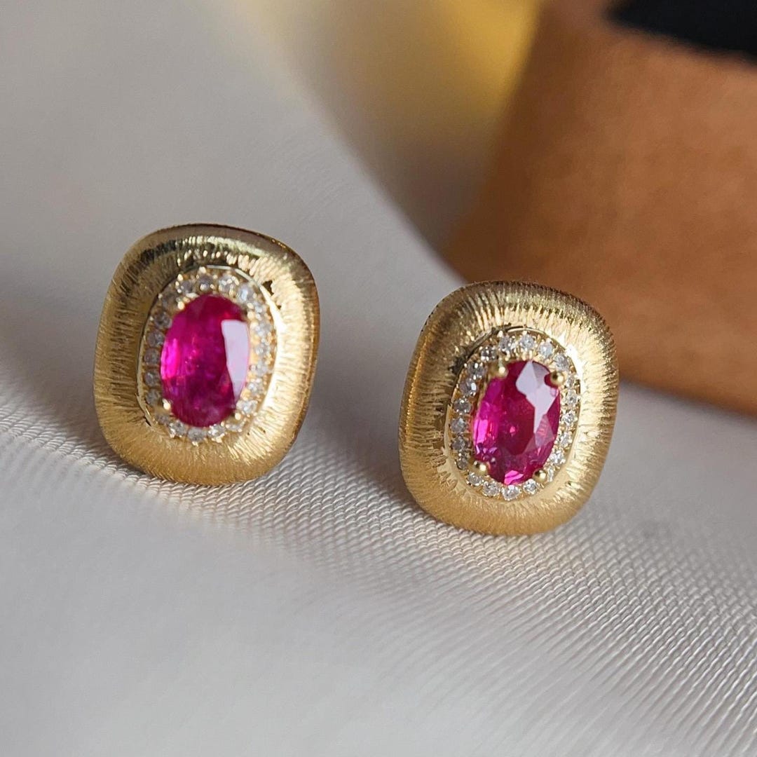 Art Deco Pear Ruby Stud Earrings: Double Halo, 18k White Gold - Etsy