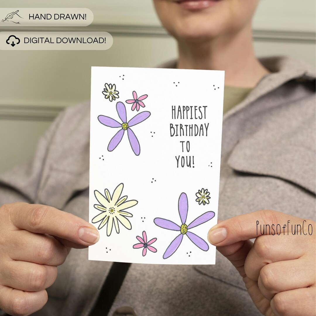 Printable Flower Birthday Card - Printable Card - Hand Drawn - Gift for ...