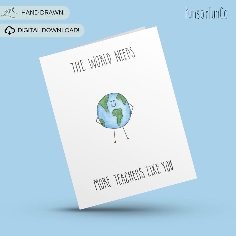 Printable World Teacher Card - Printable Card - Hand Drawn - Gift for ...