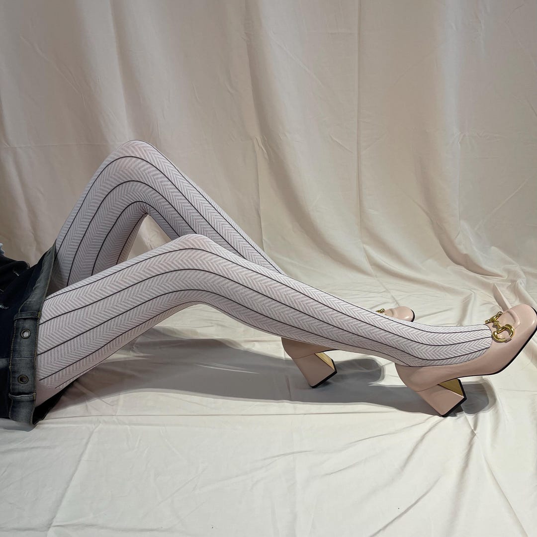 Thick Cream and Light Pink Tights With Thin Black Lines- Stretchy and ...