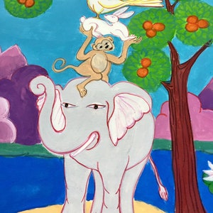 Four Harmonious Friends, Bhutan Style Art, Original One of a Kind ...