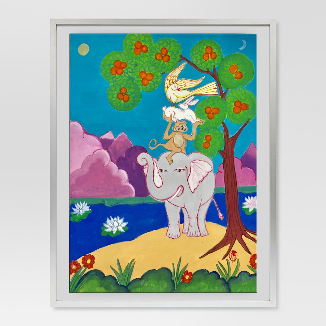 Four Harmonious Friends, Bhutan Style Art Painting, Original One of a ...