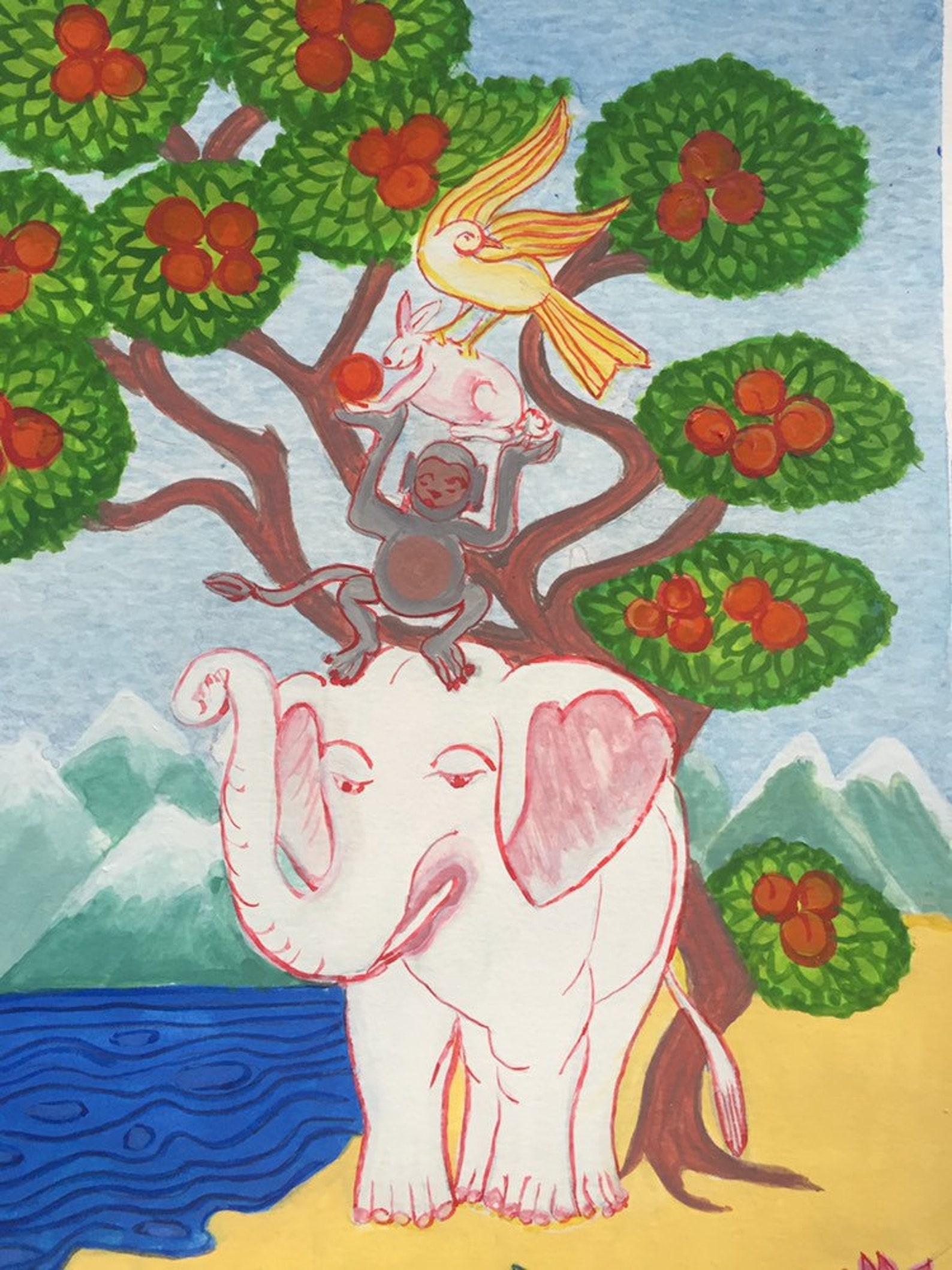 Four 4 Harmonious Animal Friends, Bhutan Buddhist Art Painting, One-of ...