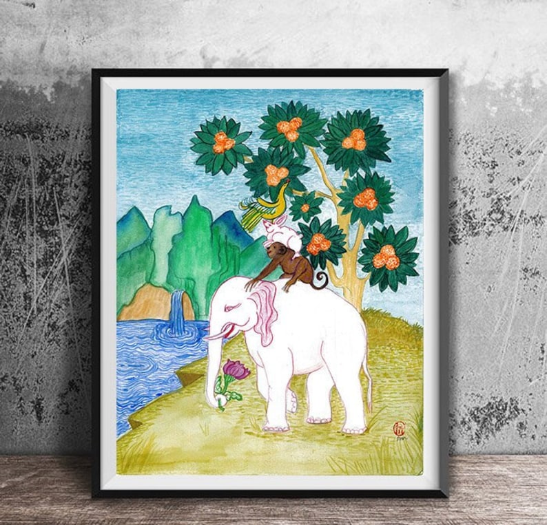 Four Harmonious Friends, 4 Brothers, Buddhist Art Painting, Original ...