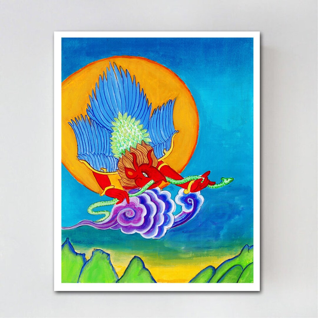 Garuda Flying in Landscape Painting, Buddhist Wall Art, Sacred Art ...
