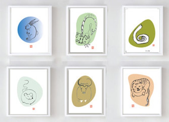 Chinese New Year Zodiac art prints Set of 12 Animals | Etsy