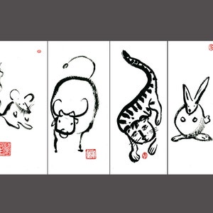 Chinese New Year Zodiac, 12 Animals Set, Original Sumi Ink Zenbrush ...