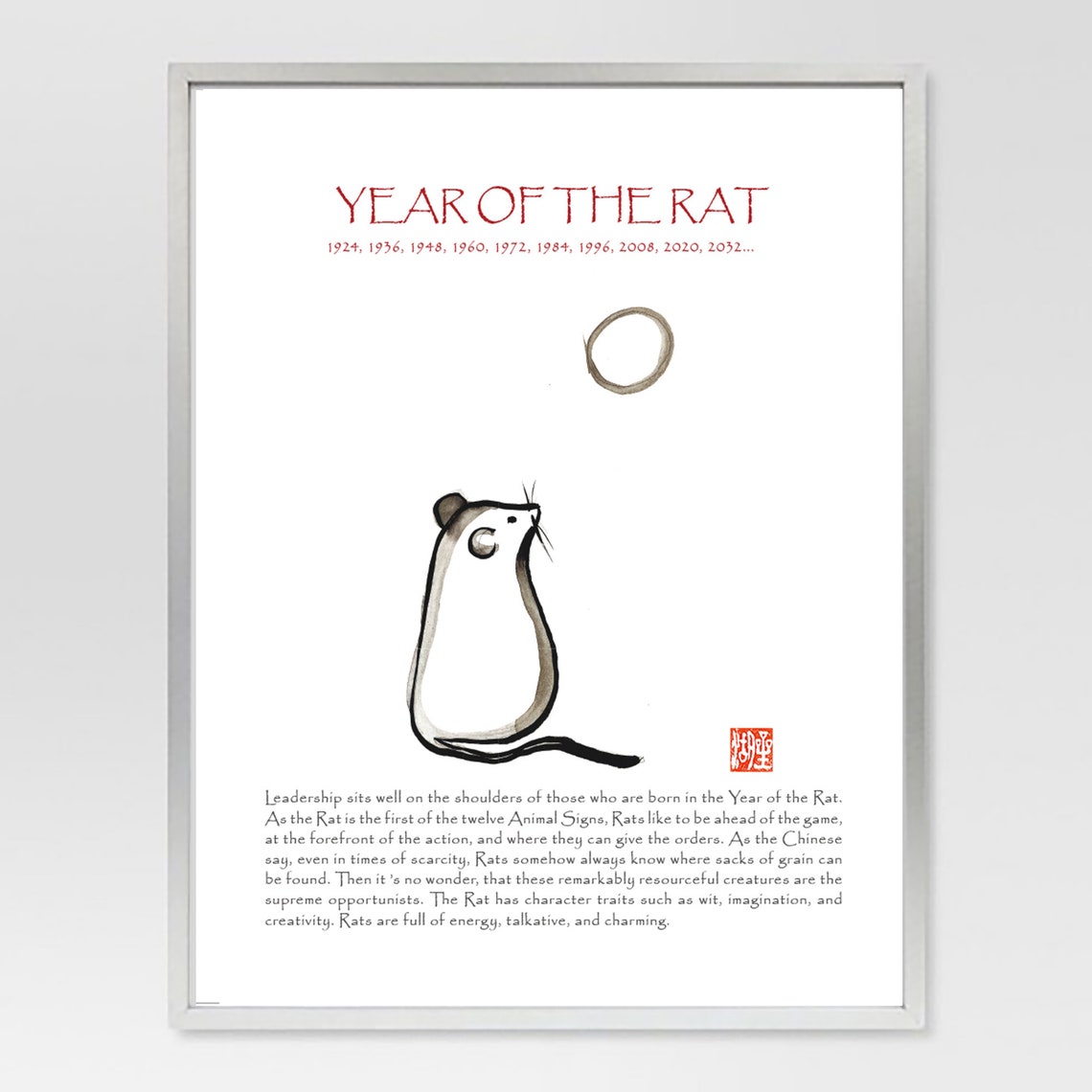 Year of the Rat Print, Chinese Lunar New Year Zodiac Poster, Sumi Ink ...