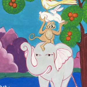 Four Harmonious Friends, Bhutan Style Art Painting, Original One of a ...