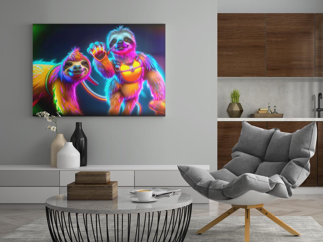 Neon Space Sloth Wall Art, Stretched Canvas Print, Futuristic Galaxy ...