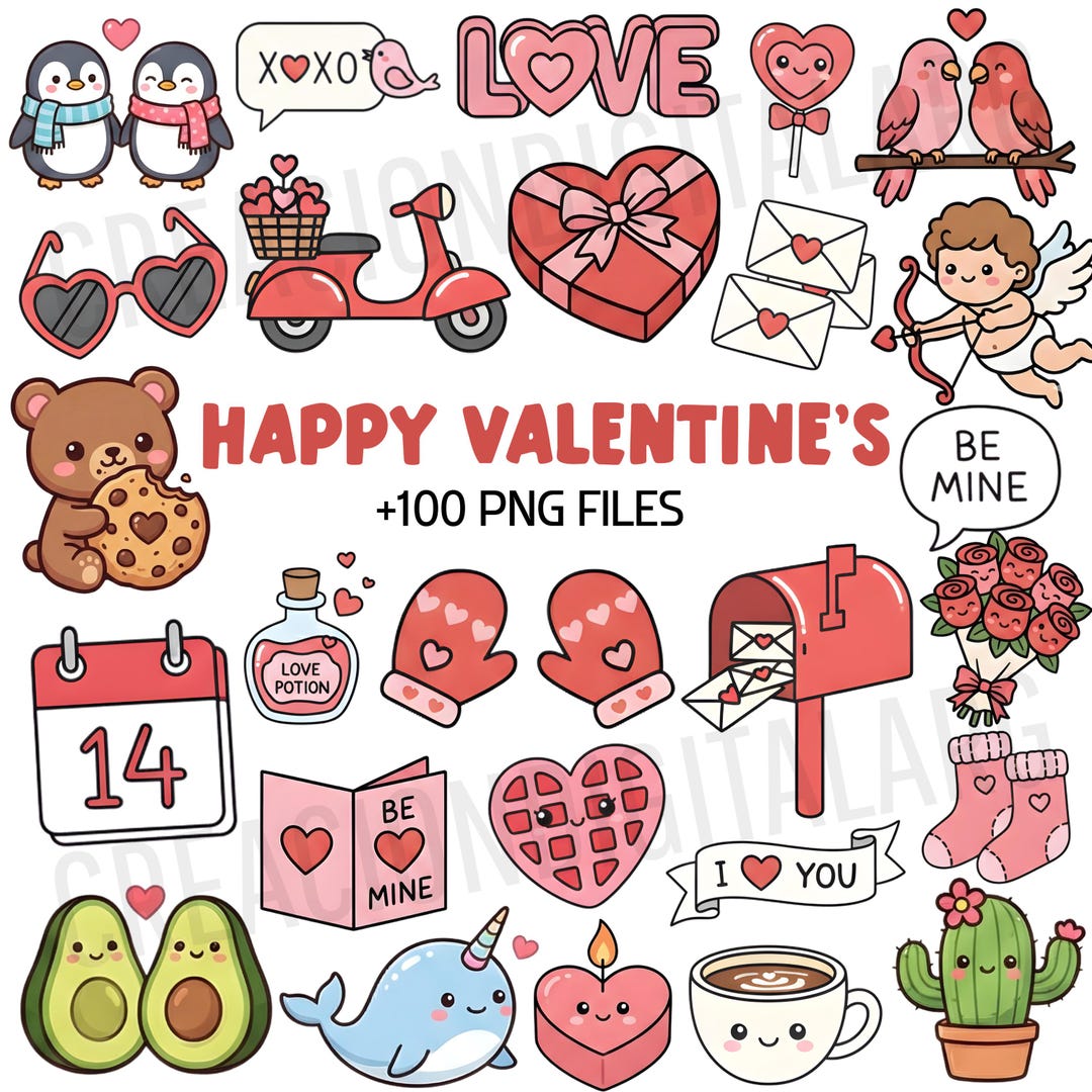 100 Kawaii Valentine’s Day Clipart Bundle, Cute Love PNG, Stickers for ...