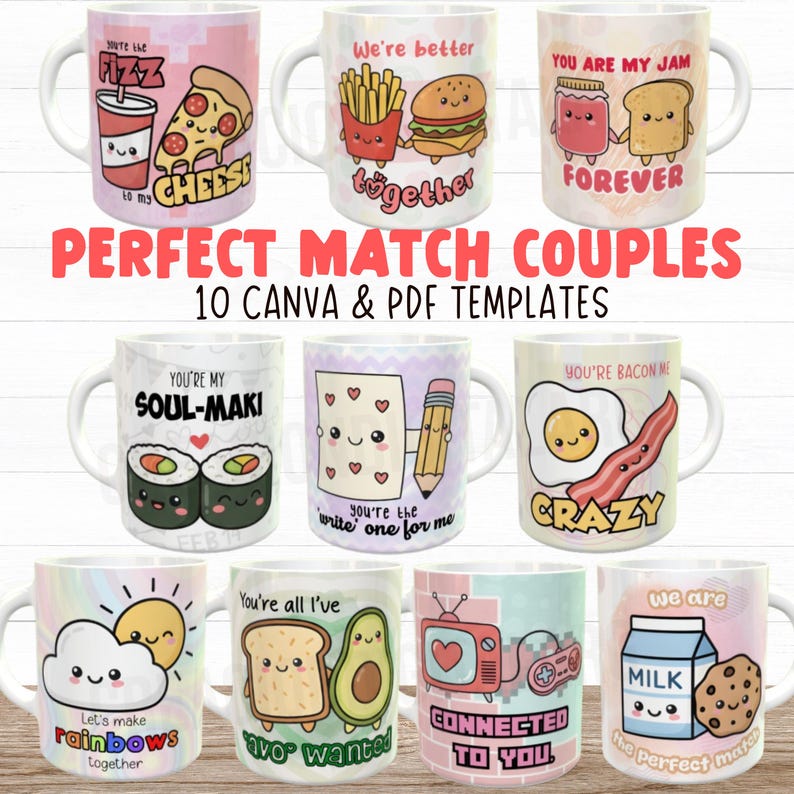 Perfect Match Couples Sublimation Designs for Mugs Bundle 10 Editable ...