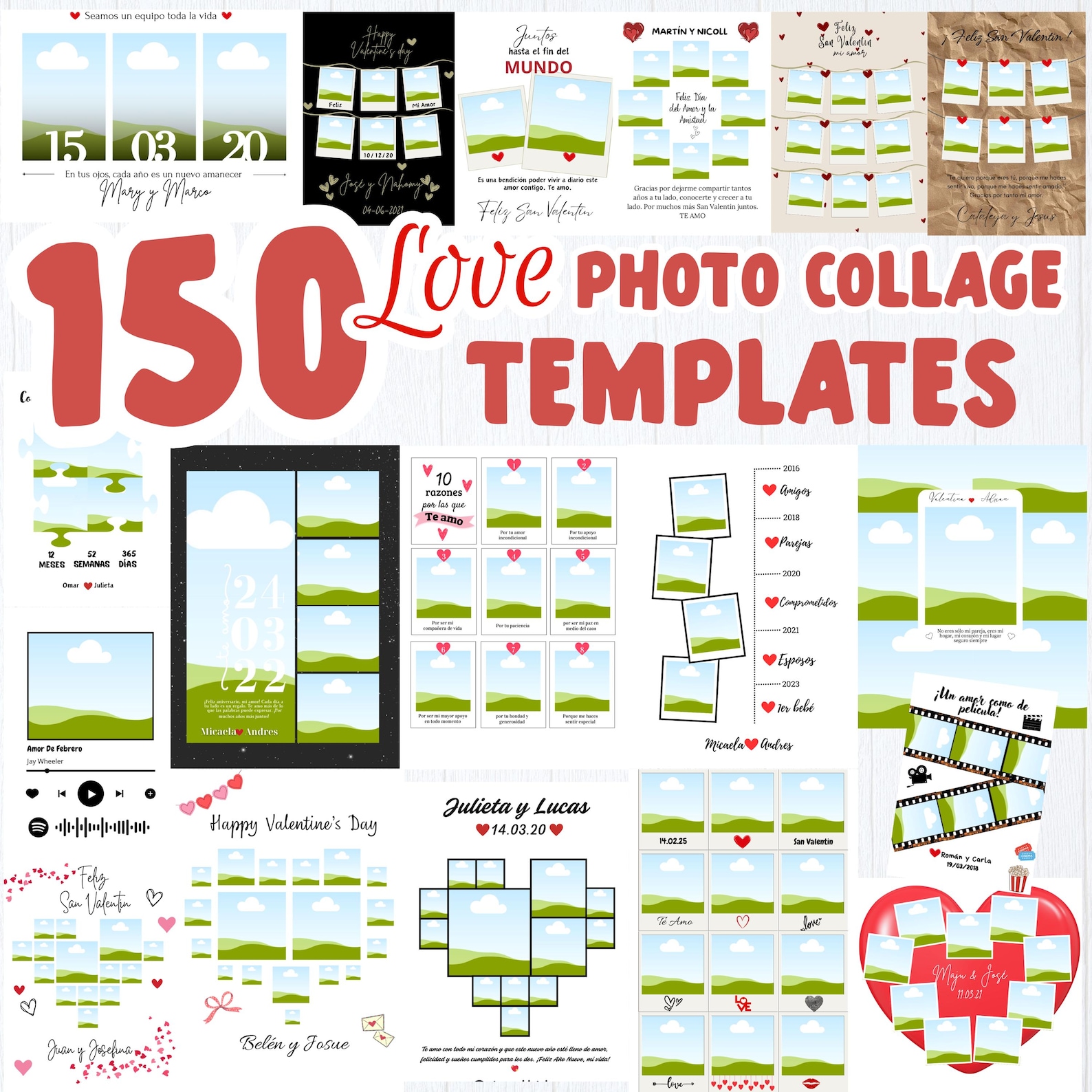150 Love Photo Collage Templates Mega Bundle, Canva Editable Valentine ...
