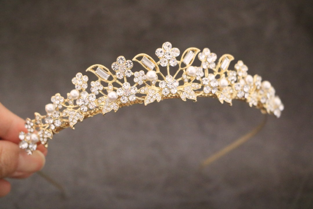 Wedding Tiara Gold Pearl Tiara Simple Bridal Tiara Crystal and ...