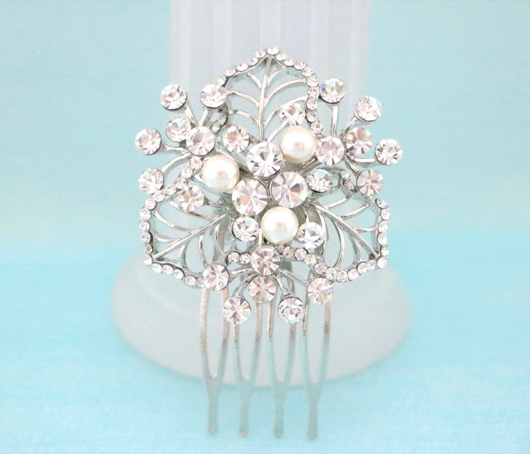 Rhinestone Pearl Bridal Hair Comb, Silver Wedding Hair Piece, Side ...