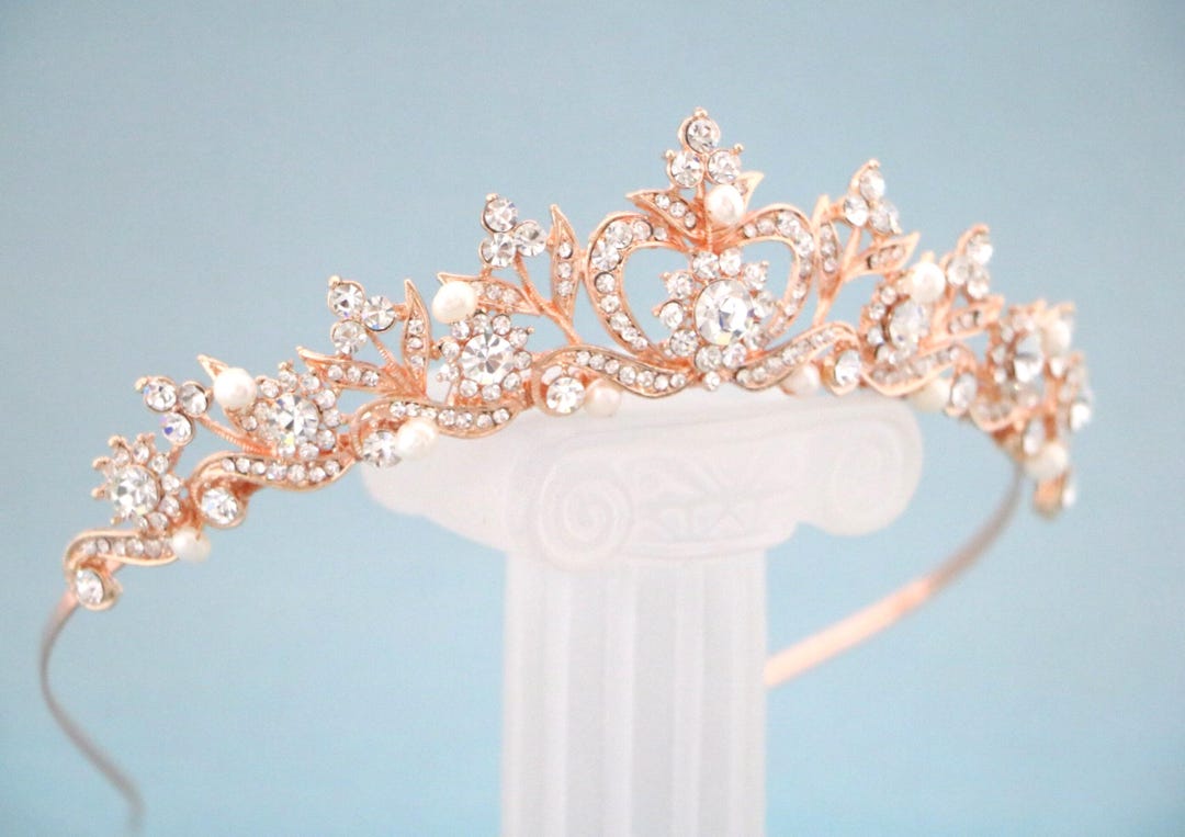 Bridal Tiara Rose Gold Simple Wedding Tiara Pearl Tiara Crystal Tiara ...