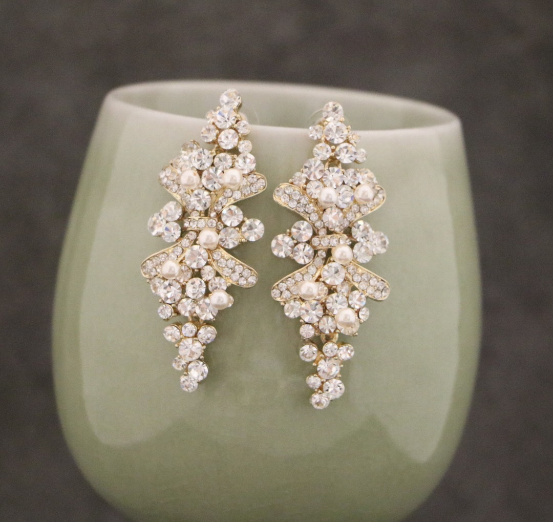 Wedding Earrings Pearl Gold Wedding Chandelier Earrings Rhinestone ...