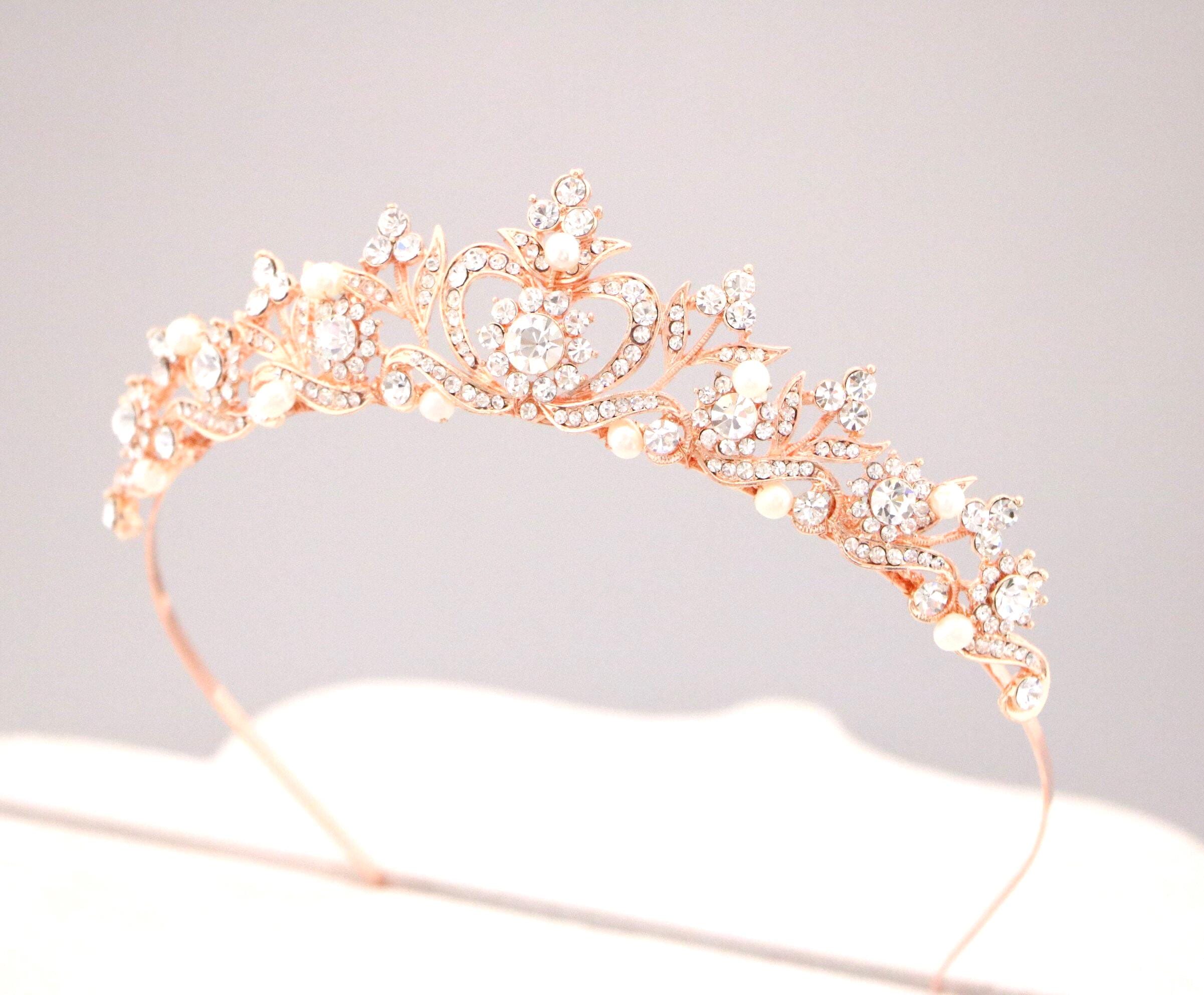 Bridal Tiara Rose Gold Simple Wedding Tiara Pearl Tiara Crystal Tiara ...