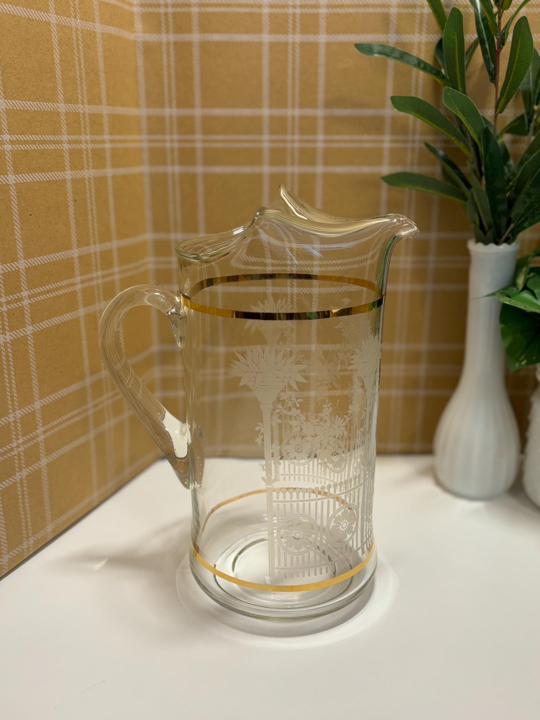Vintage Etched Glass Pitcher With Gold Accents Flowers Plants Fence - Etsy