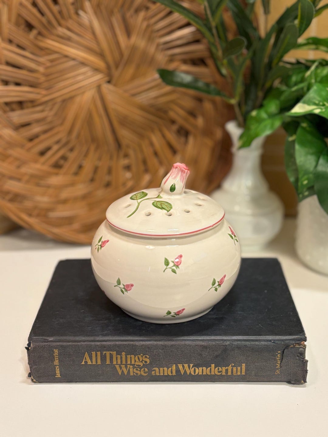 Vintage Teleflora Ceramic Potpourri Jar - Pink Rosebuds - Trinket ...
