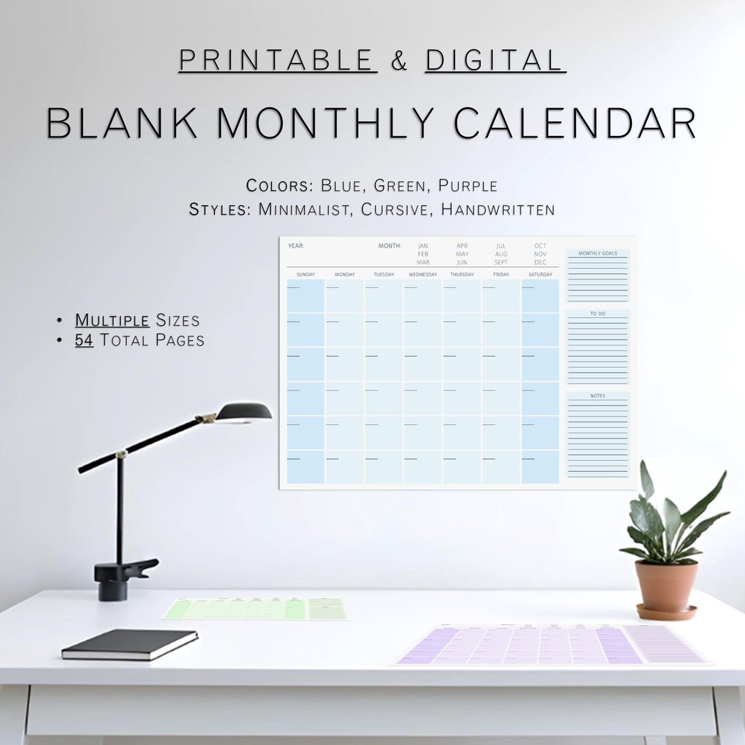 Blank Monthly Calendar, Printable, Digital, Reusable, Multiple Sizes ...