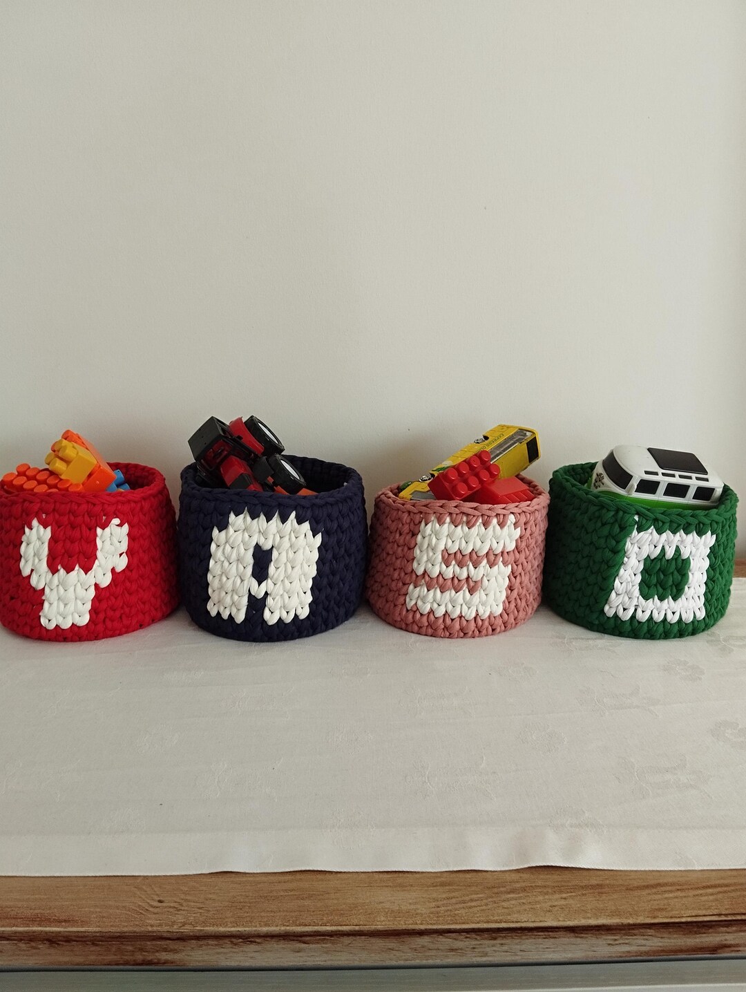 Customized Baskets, Initial Crochet Baskets, Childrens Room Toy Basket ...