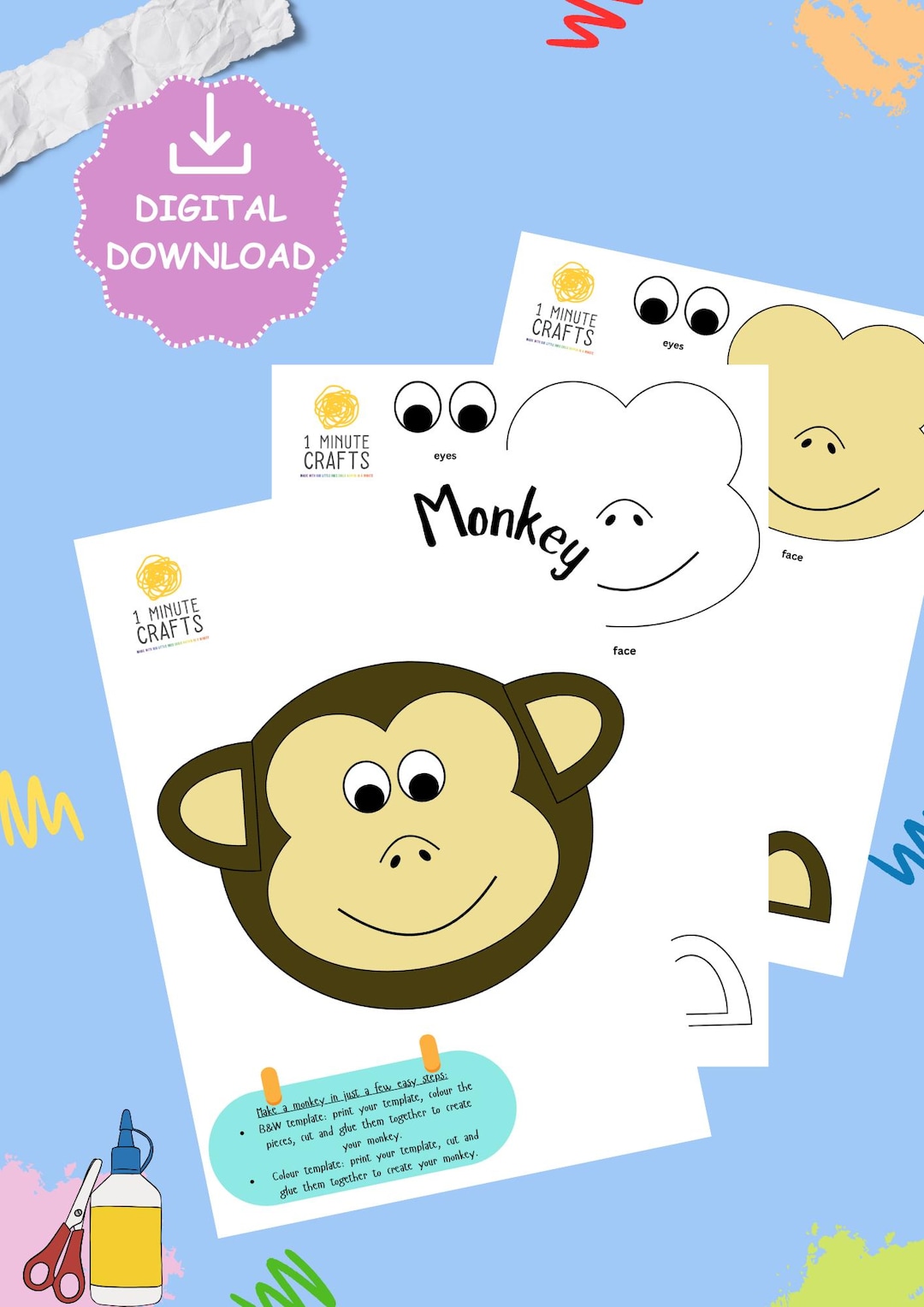 Monkey Printable Craft Template | Make a Monkey Cut and Paste Activity ...