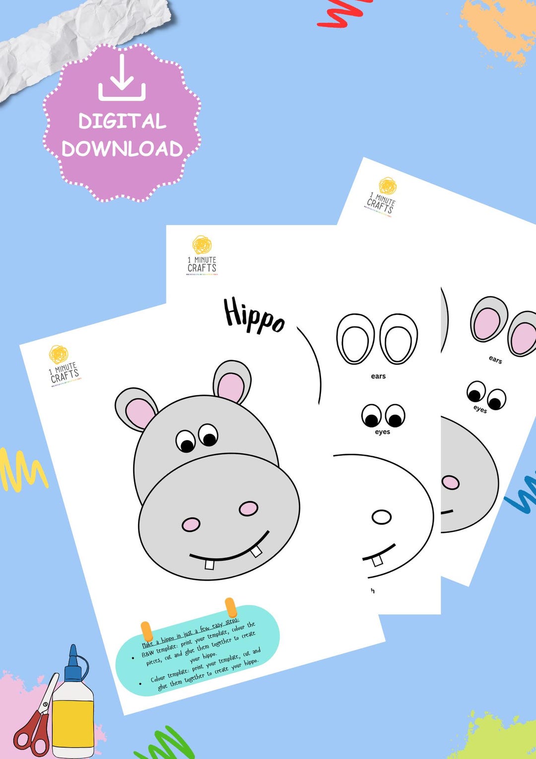 Hippo Printable Craft Template | Make a Hippo Cut and Paste Activity ...
