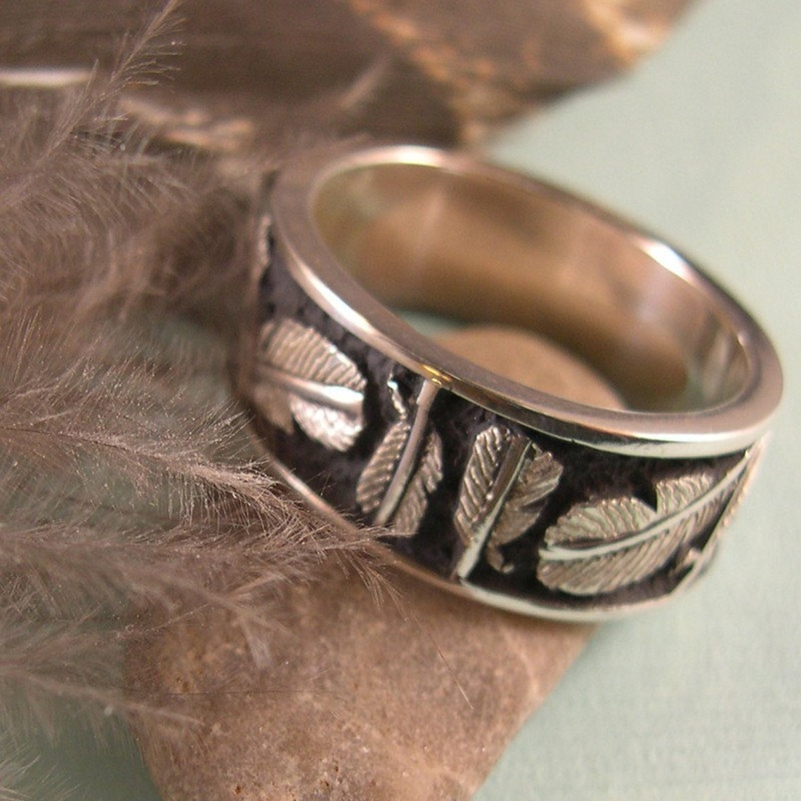 Feather Ring, Hand Carved Feather Band, Engraved Feather Ring, Sterling ...